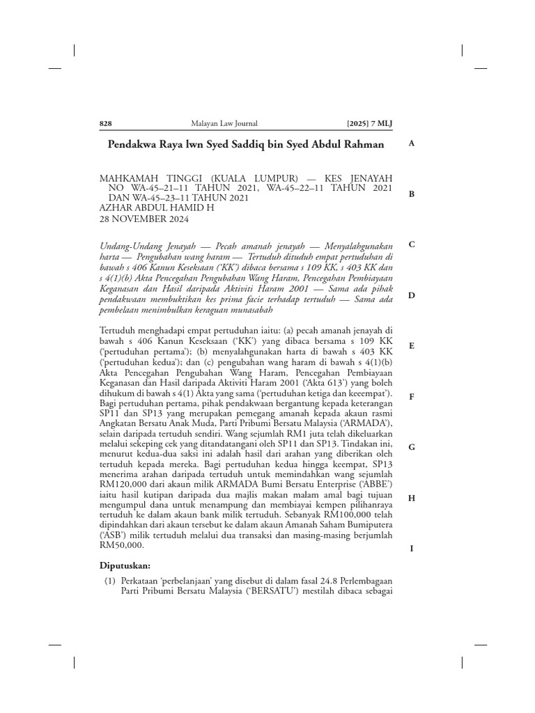 Pendakwa Raya LWN Syed Saddiq Bin Syed Abdul Rahman (2025) 7 MLJ 828 | PDF