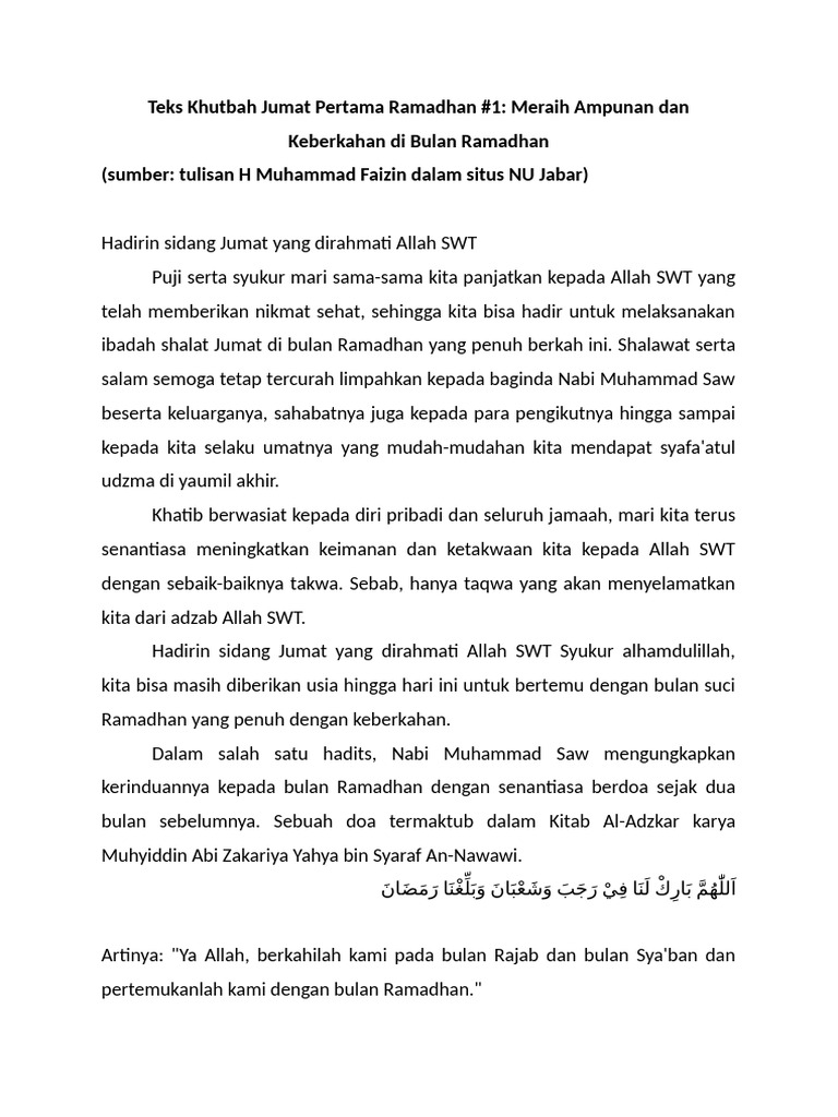 Teks Khutbah Jumat Pertama Ramadhan | PDF