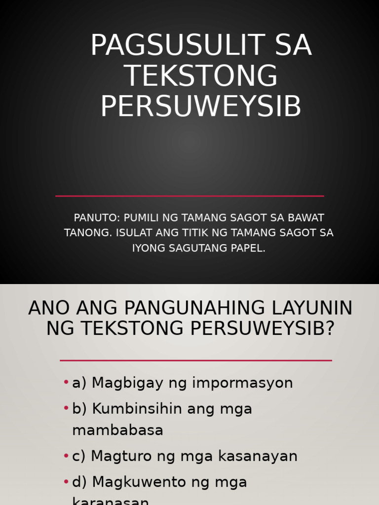 Pagsusulit Sa Tekstong Persuweysib at Naratibo | PDF