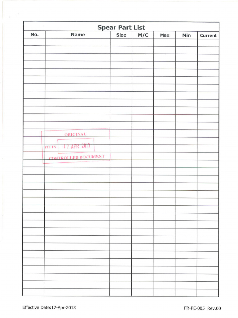 FR-PE-005 (Rev.00) - Spear Part List | PDF