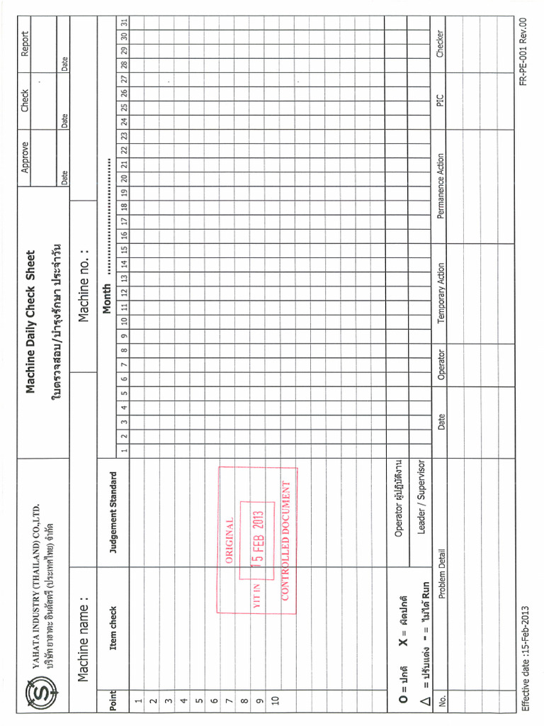 FR-PE-001 (Rev.00) - Machine Daily Check Sheet | PDF