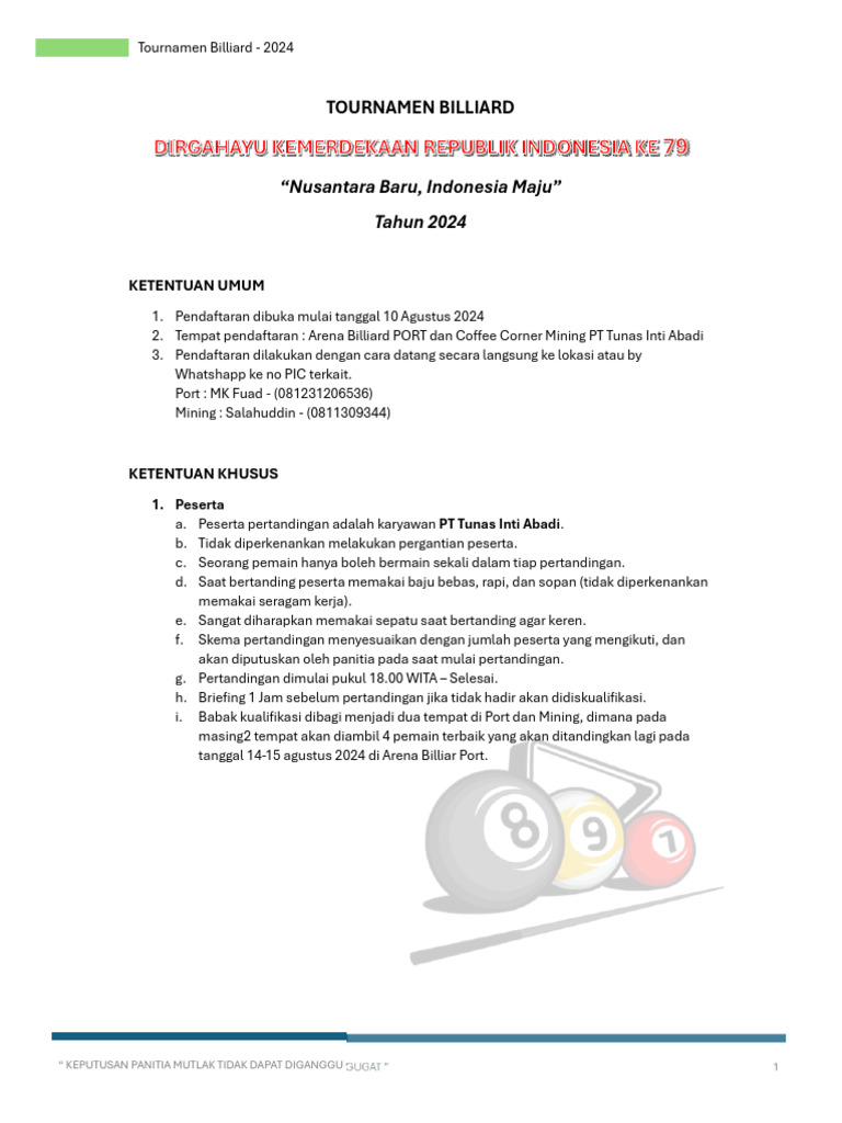 Peraturan Tournamen Billiard HUT RI Ke-79 - TIAMKF2024 | PDF