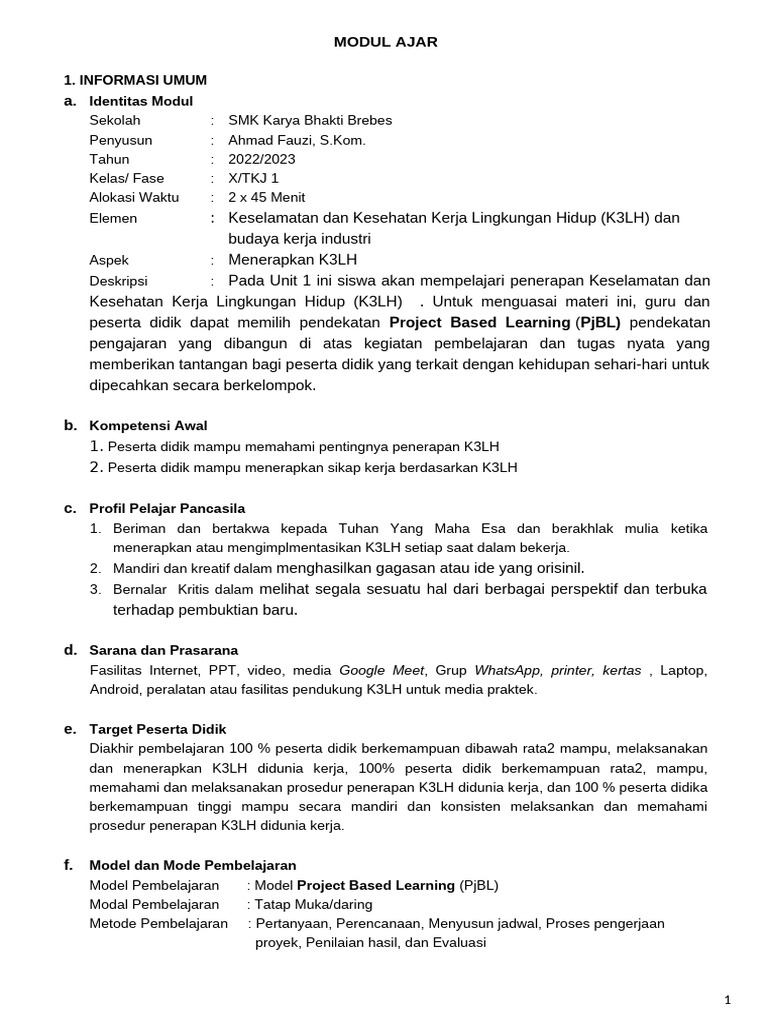 Lembar Kerja Modul Ajar - TJKT A FAUZI | PDF