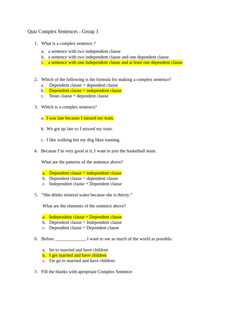 Quiz Complex Sentences (KJ) | PDF