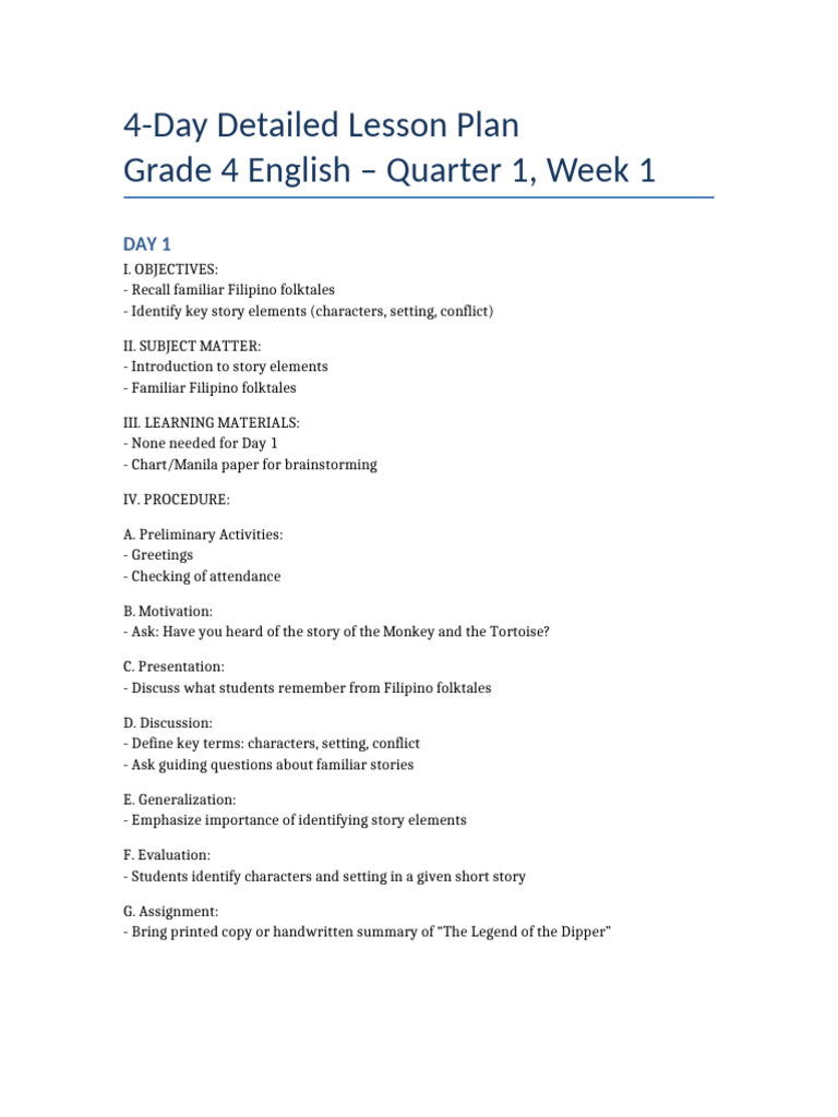 4 Day Lesson Plan English Grade4 | PDF | Lesson Plan | Learning