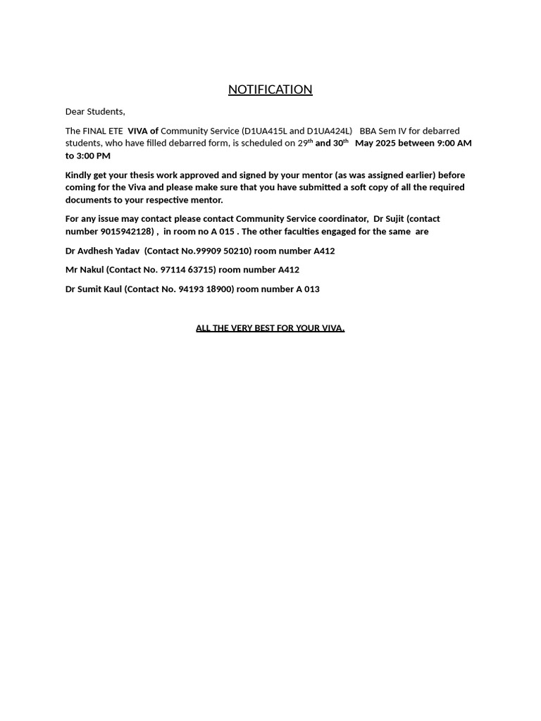 Final ETE Viva Notification SOB Community Services Debarred April May 2025 | PDF