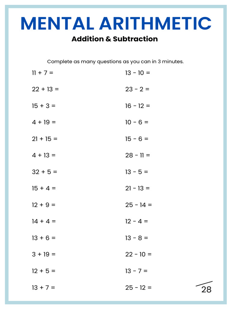 Simple Blue Addition and Subtraction Mental Arithmetic Maths Worksheet ...