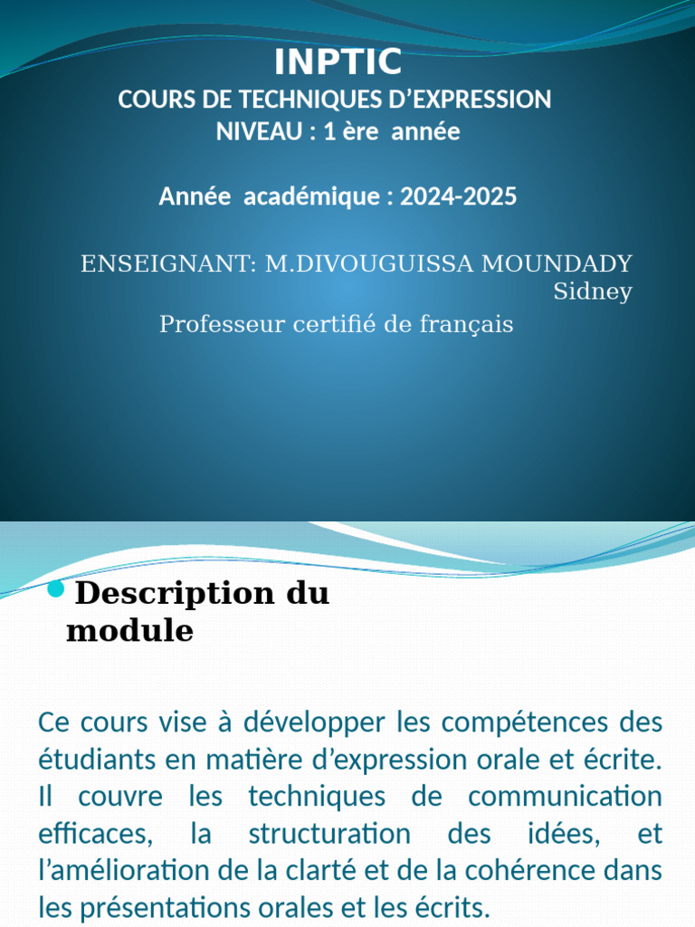 COURS Technique D'expression 1ère Année INPTIC - COURS COMPLET | PDF | Lexique | Verbe