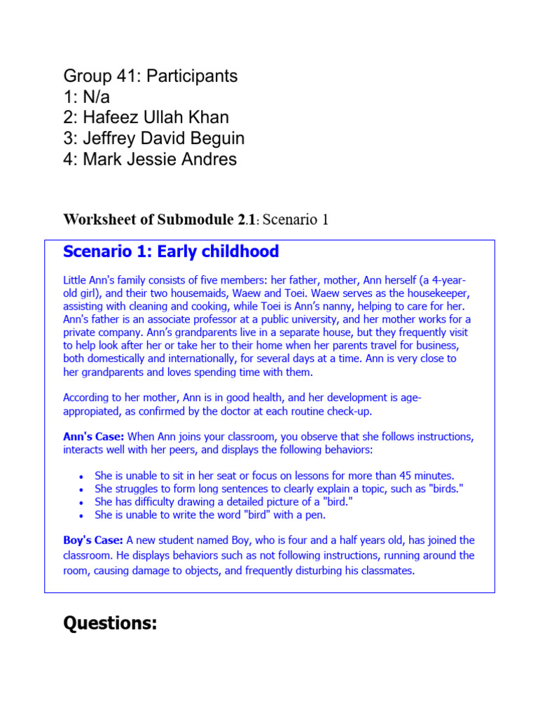 Group 41 Worksheet of Submodule 2.1 | PDF | Developmental Psychology | Psychology