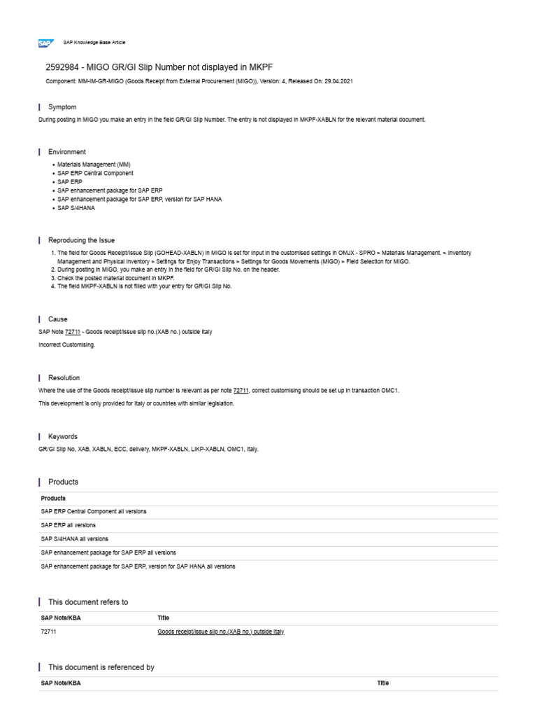 MIGO GR/GI Slip Number Not Displayed in MKPF: Symptom | PDF