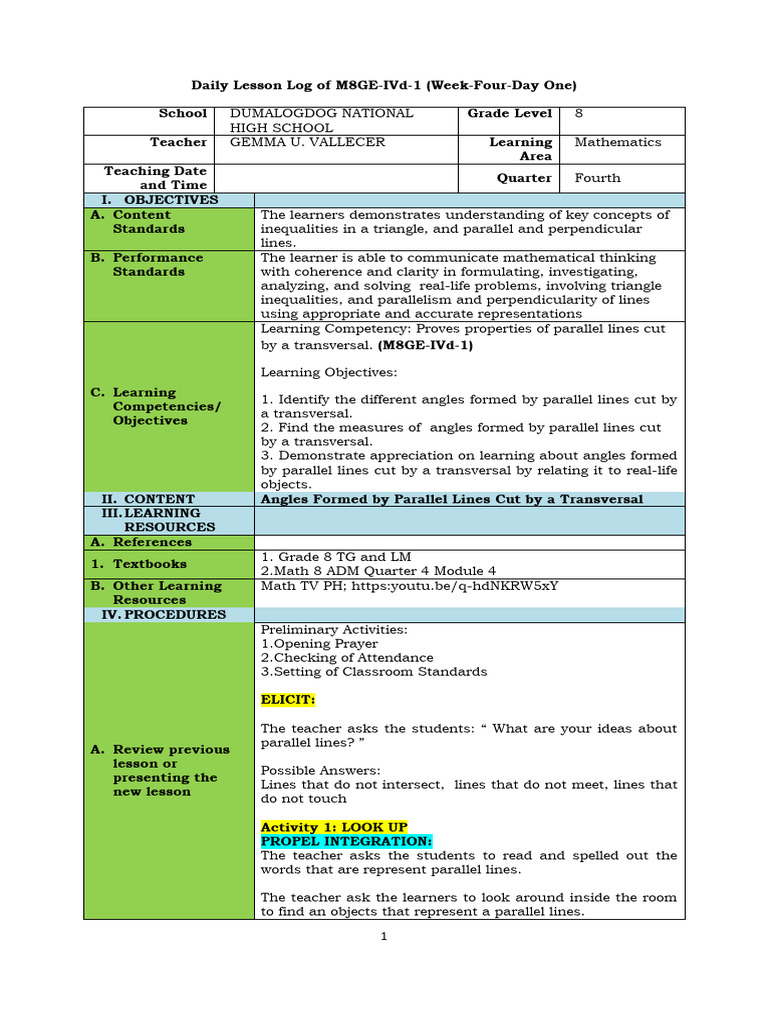 Grade 8 Math: Angles & Transversals Lesson | PDF | Angle | Euclidean ...