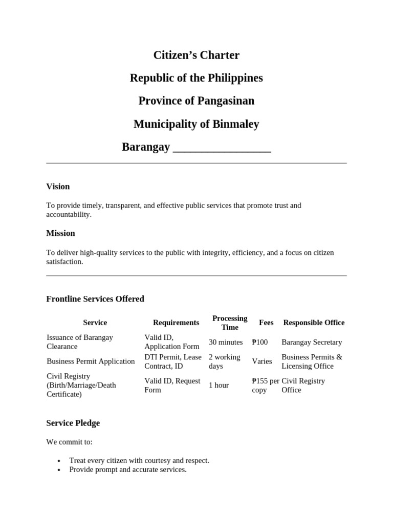 Binmaley Citizen's Charter Overview | PDF