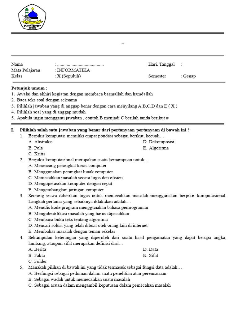 X - Naskah Soal Asat Genap Ma Al Hidayah - Informatika - 2024 - 2025 | PDF