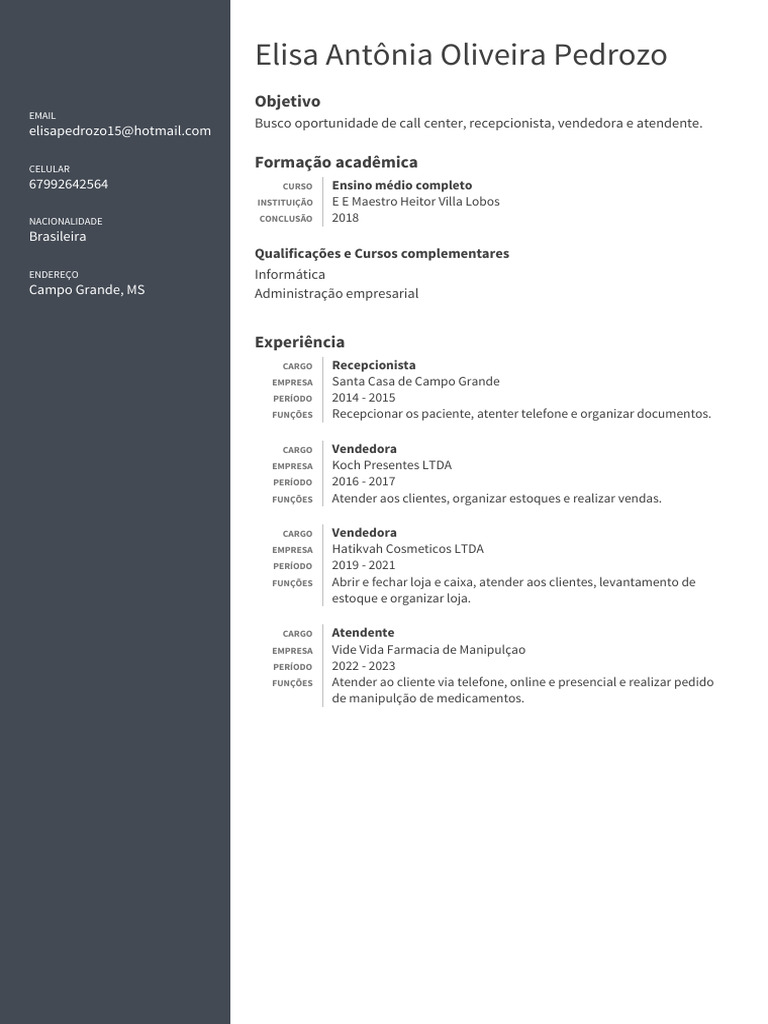 Elisa Antônia Oliveira Pedrozo - Currículo | PDF