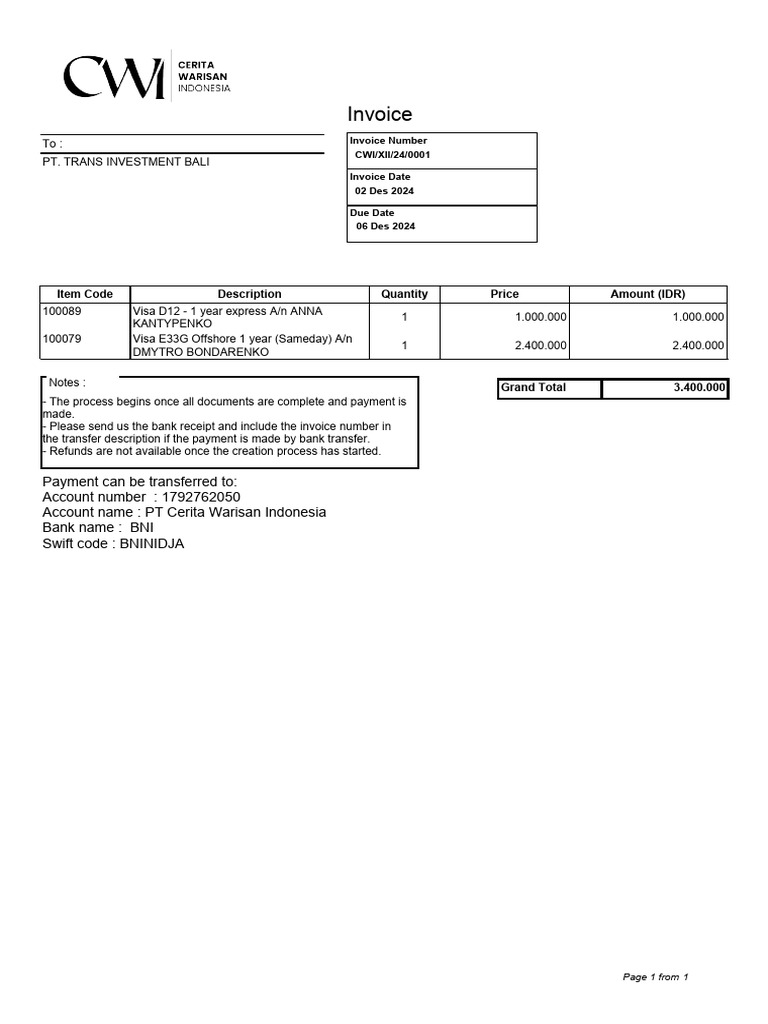 CWI XII 24 0001 PT Trans Invesment Bali | PDF