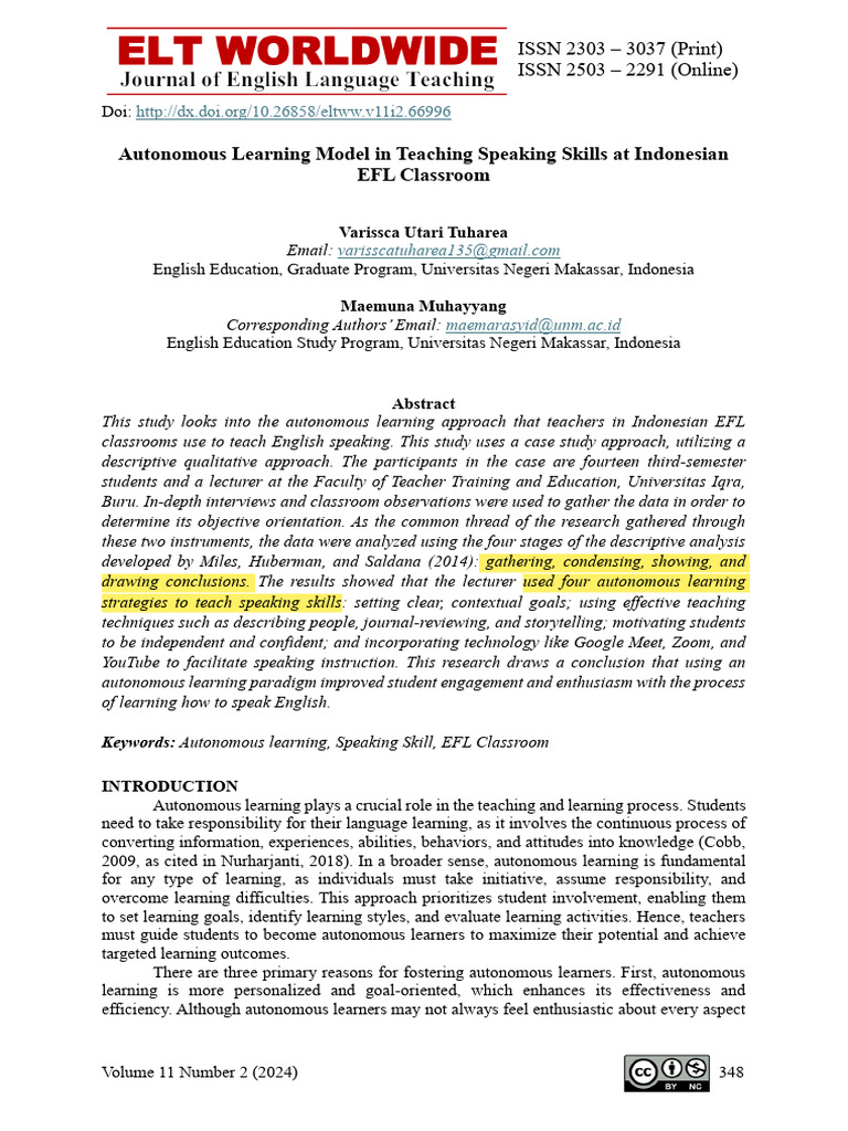 Autonomous Learning Model in Teaching Speaking Skills at Indonesian EFL Classroom 2024 | PDF ...