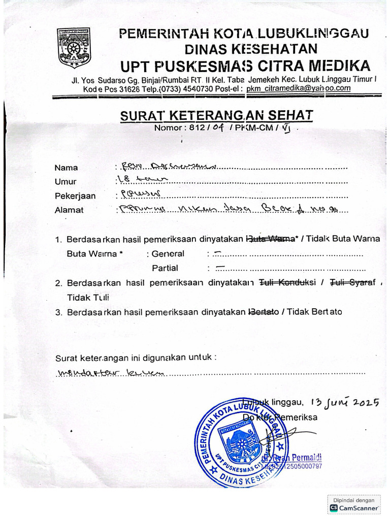 Surat Keterangan Bebas Buta Warna | PDF