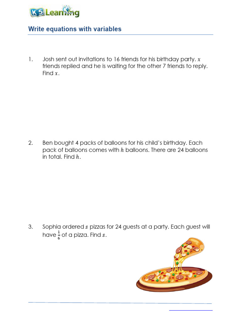Grade 5 Word Problems Variables Equations C K5learning | PDF