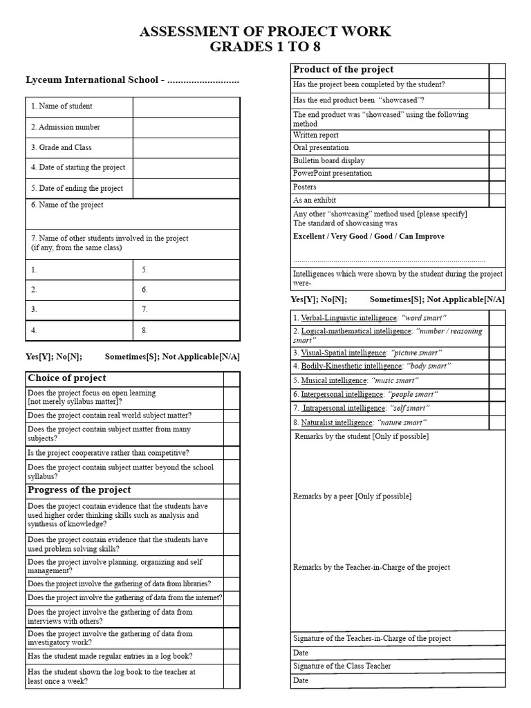 Project Work Assessment for Grades 1-8 | PDF | Cognition | Learning