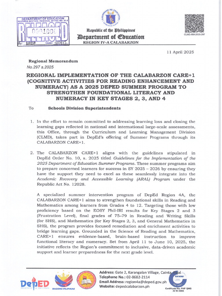 CLMD RM 2025 297 Regional Implementation of CALABARZON CARE | PDF