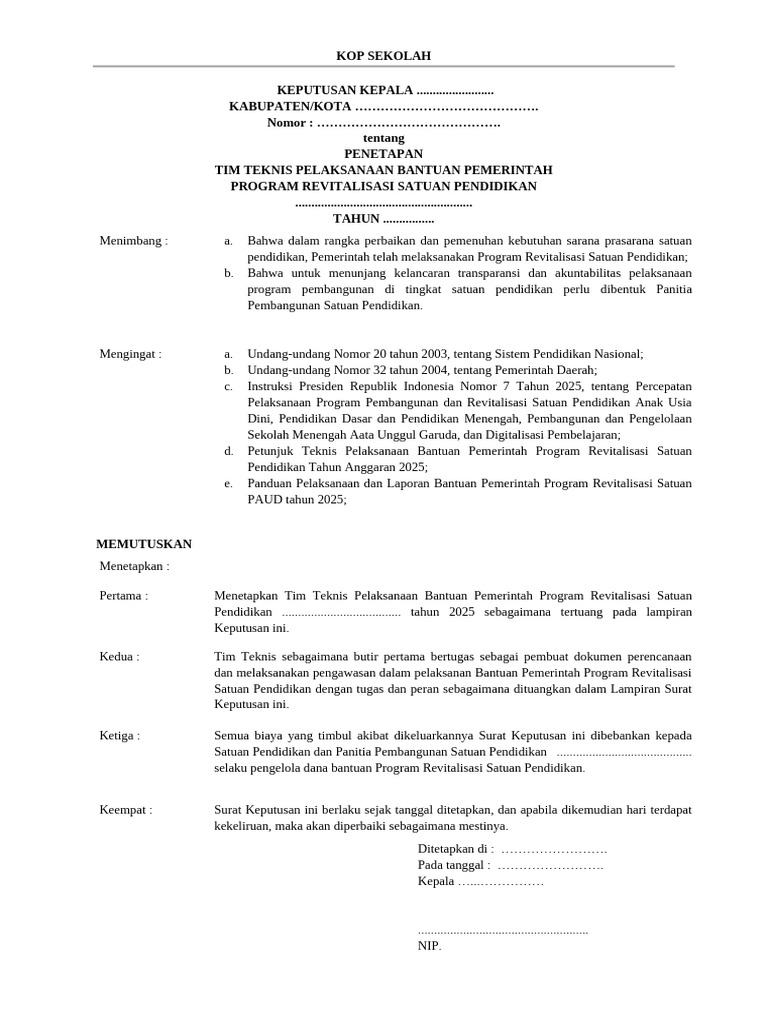 Penetapan Tim Teknis Revitalisasi 2025 | PDF