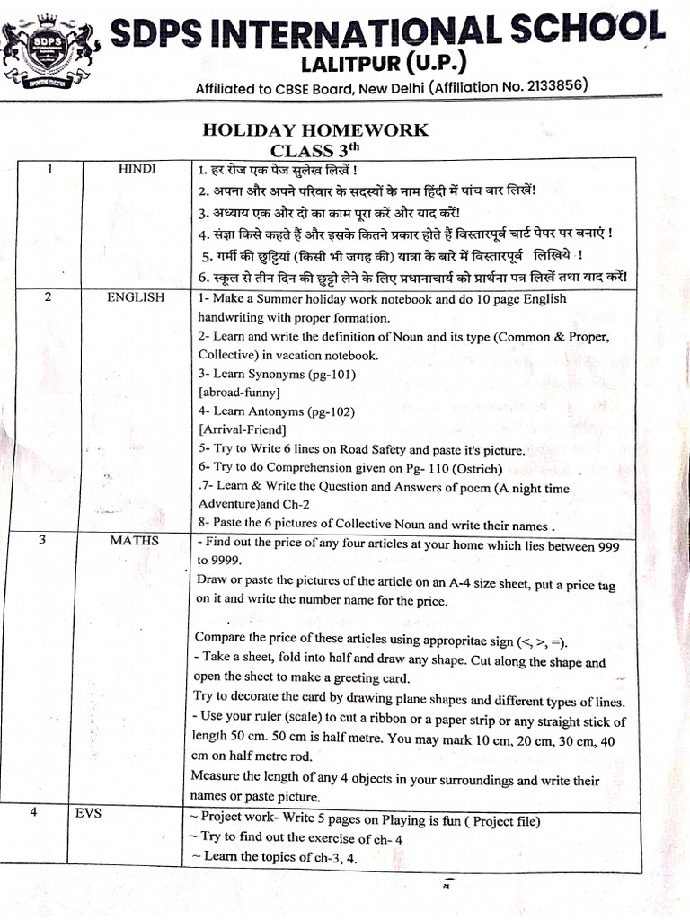 Holiday Homework Class 3rd | PDF