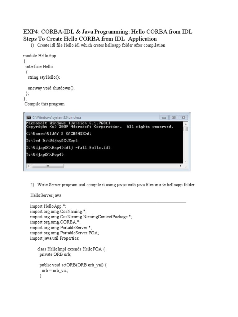 EXP4: CORBA-IDL & Java Programming: Hello CORBA From IDL Steps To Create Hello CORBA From IDL ...