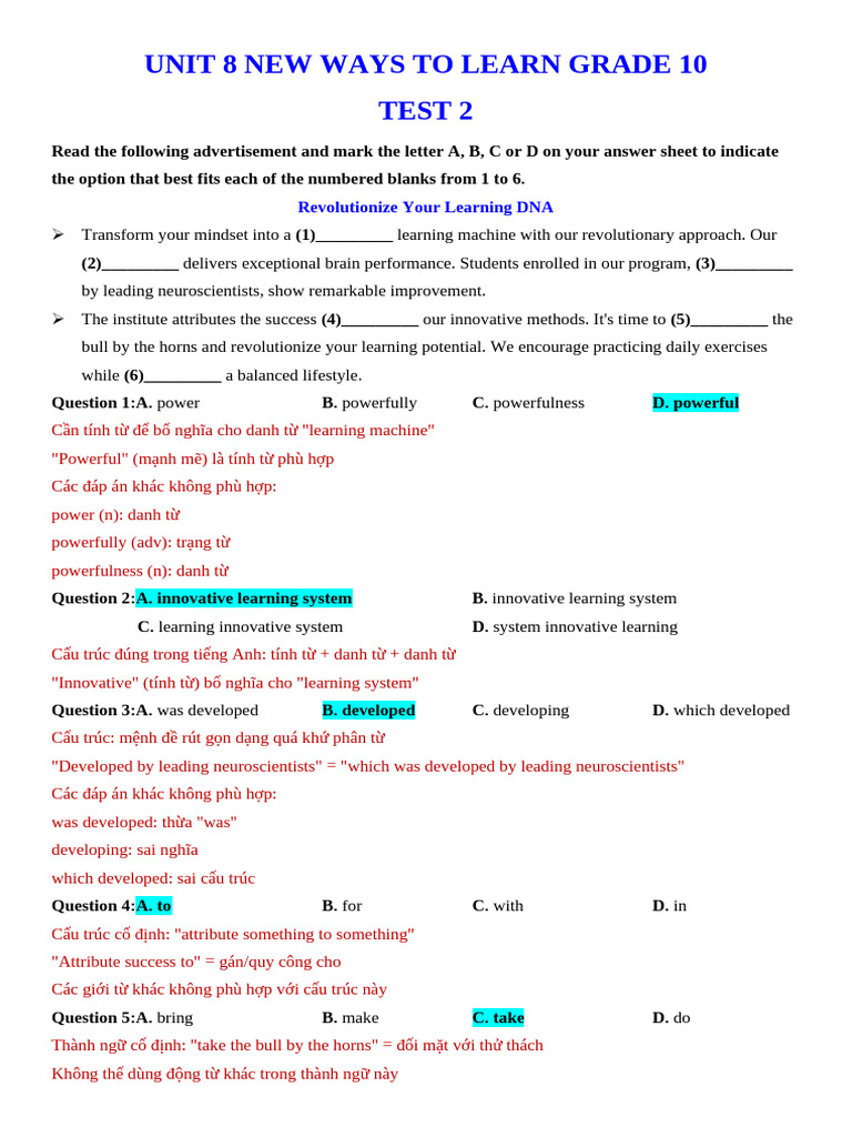 Unit 8 Grade 10 Test 2 Key | PDF