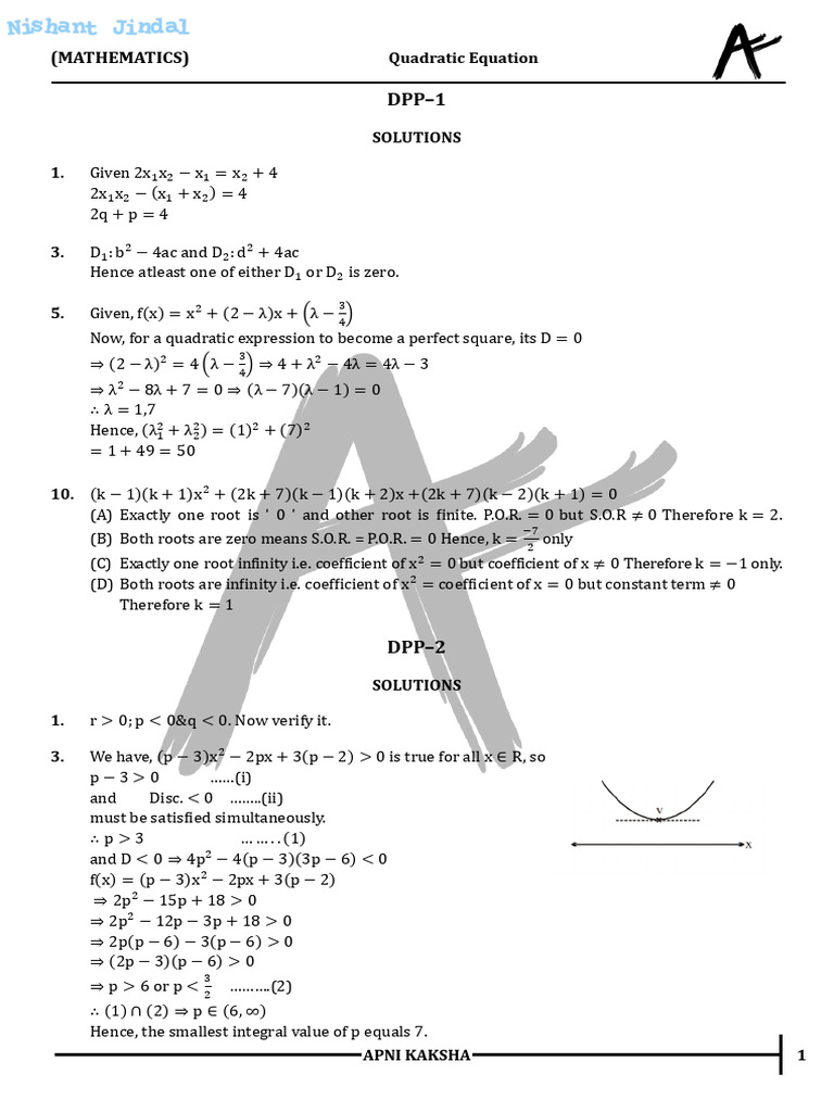 DPP - 01 To 03 (Solution) - Quadratic Equation NJ - 247 | PDF | Quadratic Equation | Mathematics