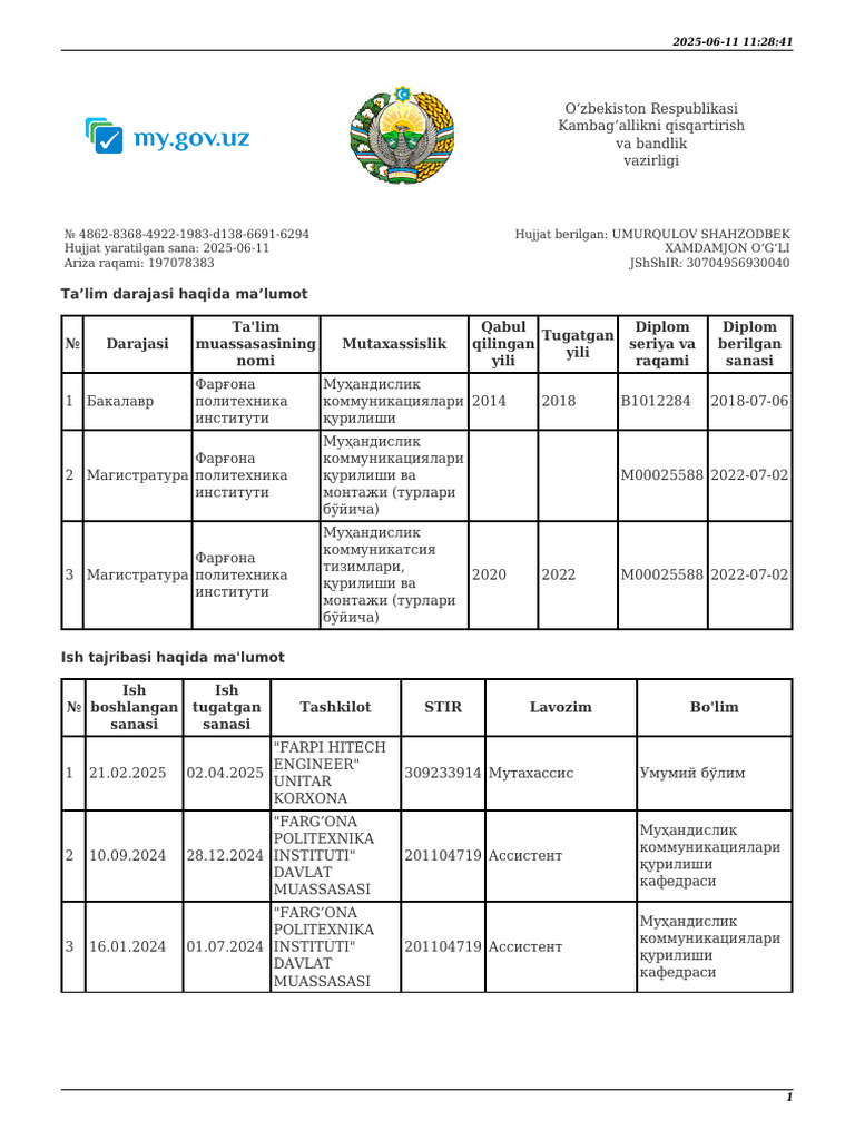 Ta Lim Darajasi Haqida Ma Lumot | PDF