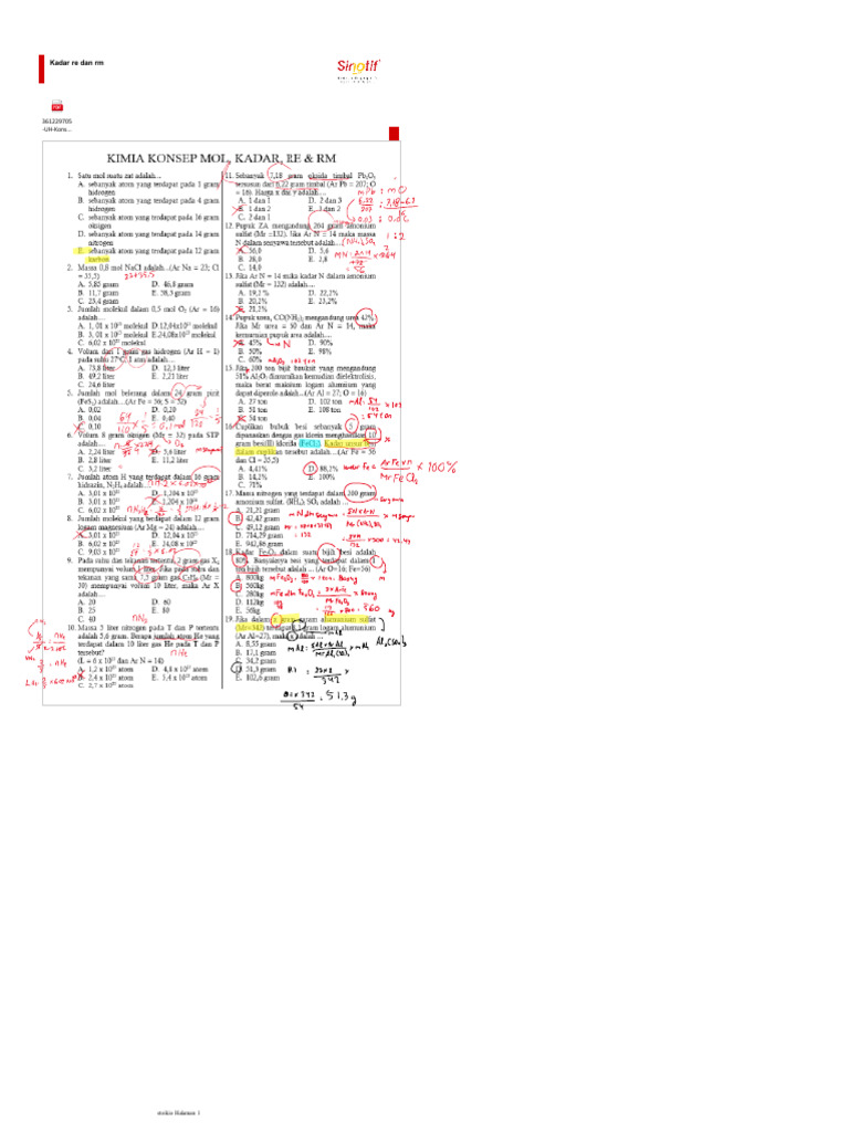 Pembahasan Latihan Soal Kadar RE RM Unsur Dalam Senyawa | PDF