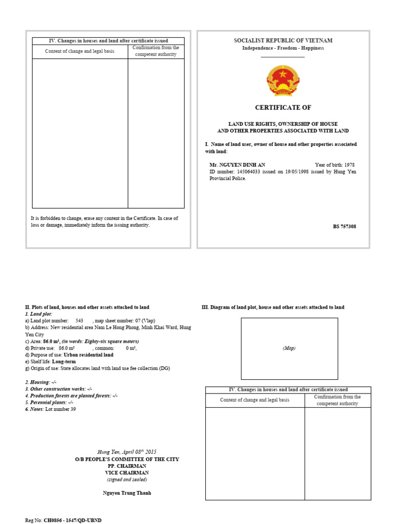 Land Use Rights Certificate Details | PDF | Vietnam