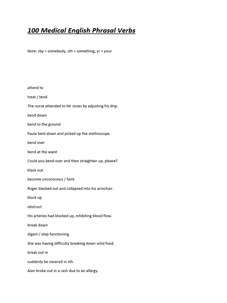 100 Medical English Phrasal Verbs | PDF | Medical Specialties