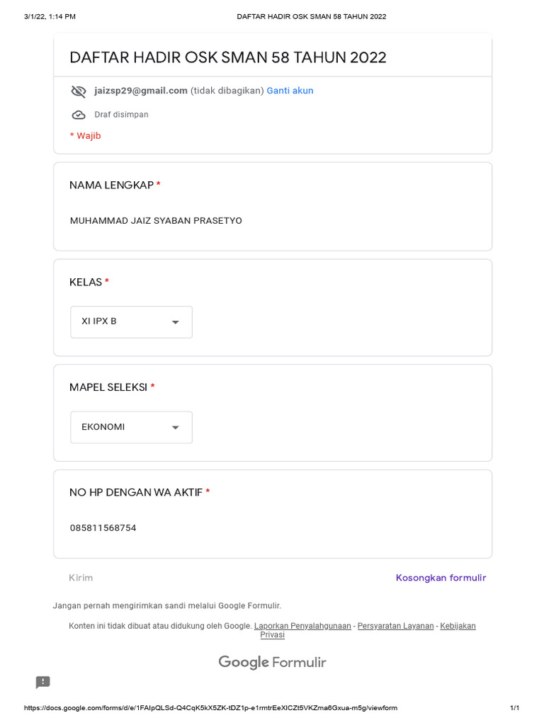 Daftar Hadir Osk Sman 58 Tahun 2022 | PDF