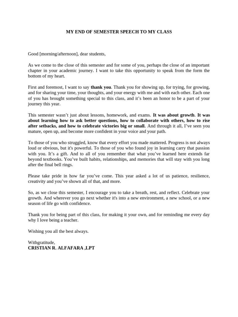 My End of Semester Speech To My Class | PDF