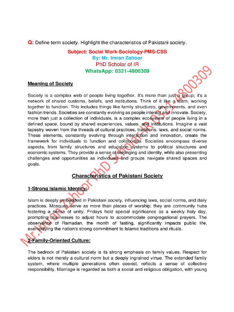 Solved Question Characteristics of Pakistani Society | PDF