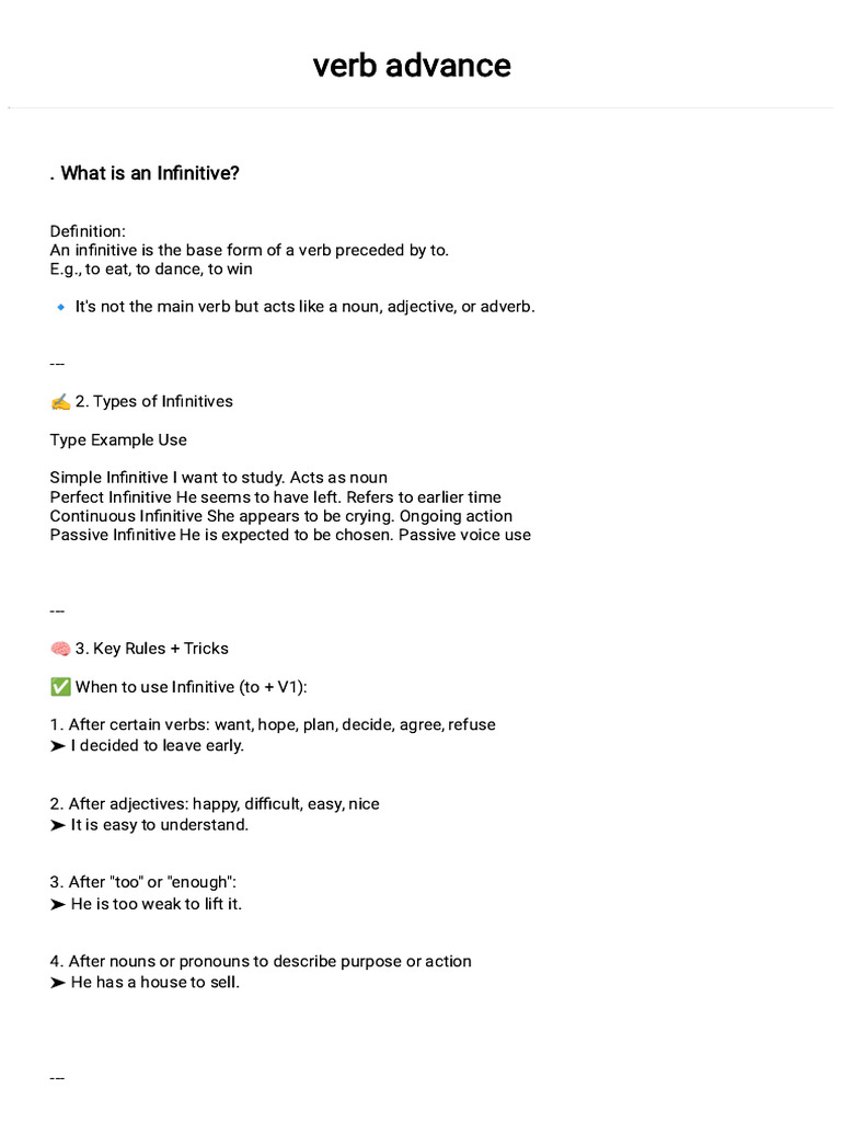 Verb Advance: - What Is An Infinitive? | PDF | Verb | Adjective