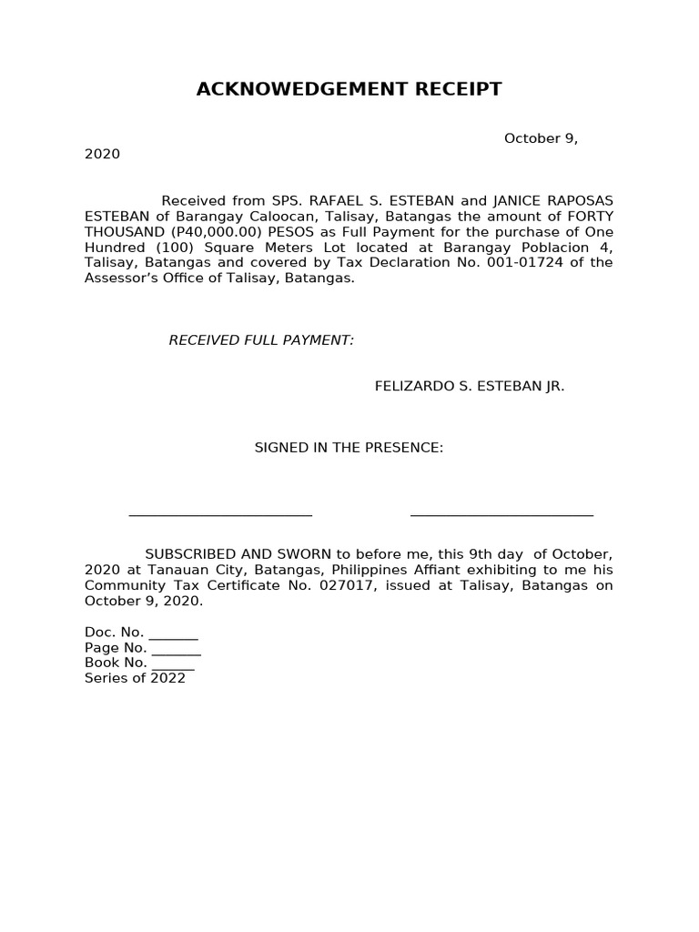 Acknowedgement Receipt - Deed of Sale | PDF