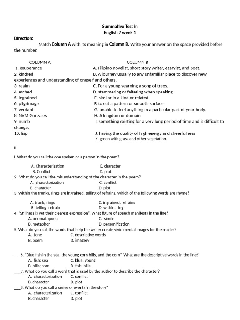 English 7 1st Summative Test | PDF | Poetry