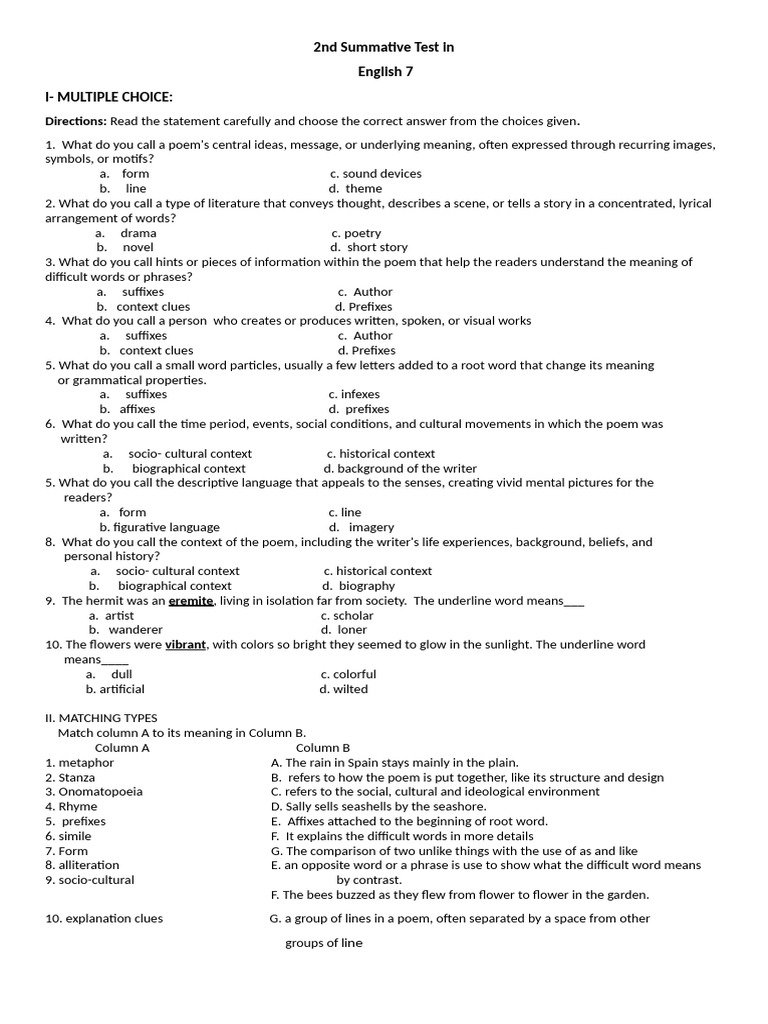 2nd Summative Test in English 7 | PDF | Poetry | Word