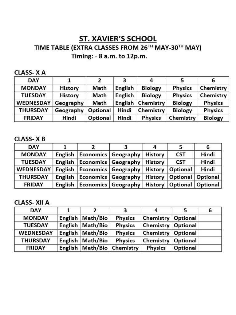 St. Xavier's School Extra Classes Timetable | PDF