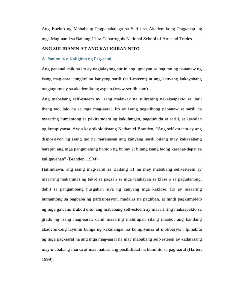 Ang Epekto NG Mababang Pagpapahalaga Sa Sarili Sa Akademikong Pagganap Ciara | PDF