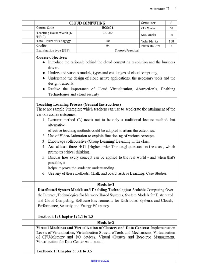 BCS601 Cloud Computing Syllabus | PDF