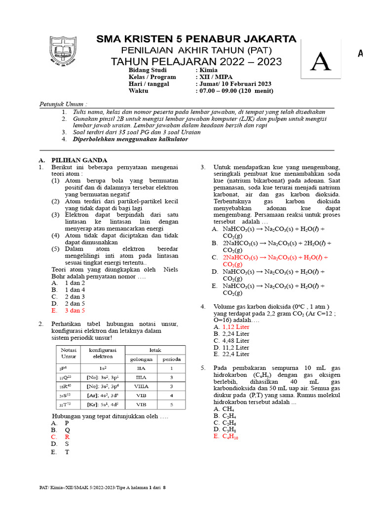 Soal Pat Kimia Xii Mipa SMAK 5 PENABUR TP 2022-2023 (Tipe A) Dan Pembahasan | PDF