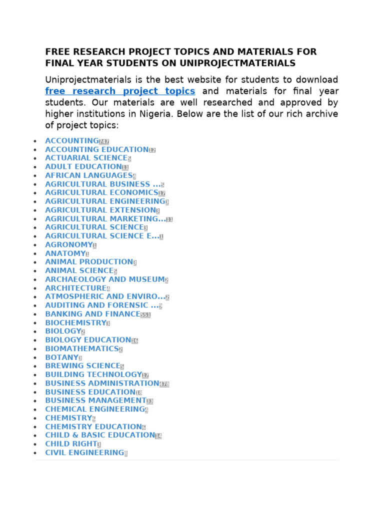 Free Research Project Topics and Materials For Final Year Students On ...