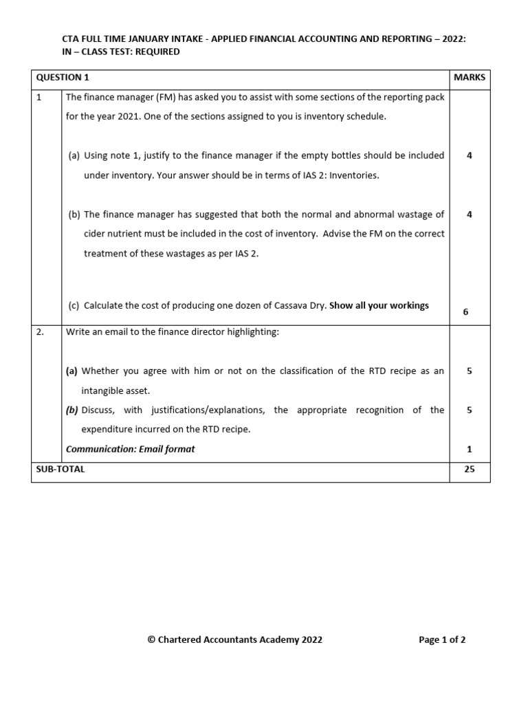Final Cta FT Jan Diagnostic Exam 2022 Financial Accounting Reporting-Required - TD | PDF ...