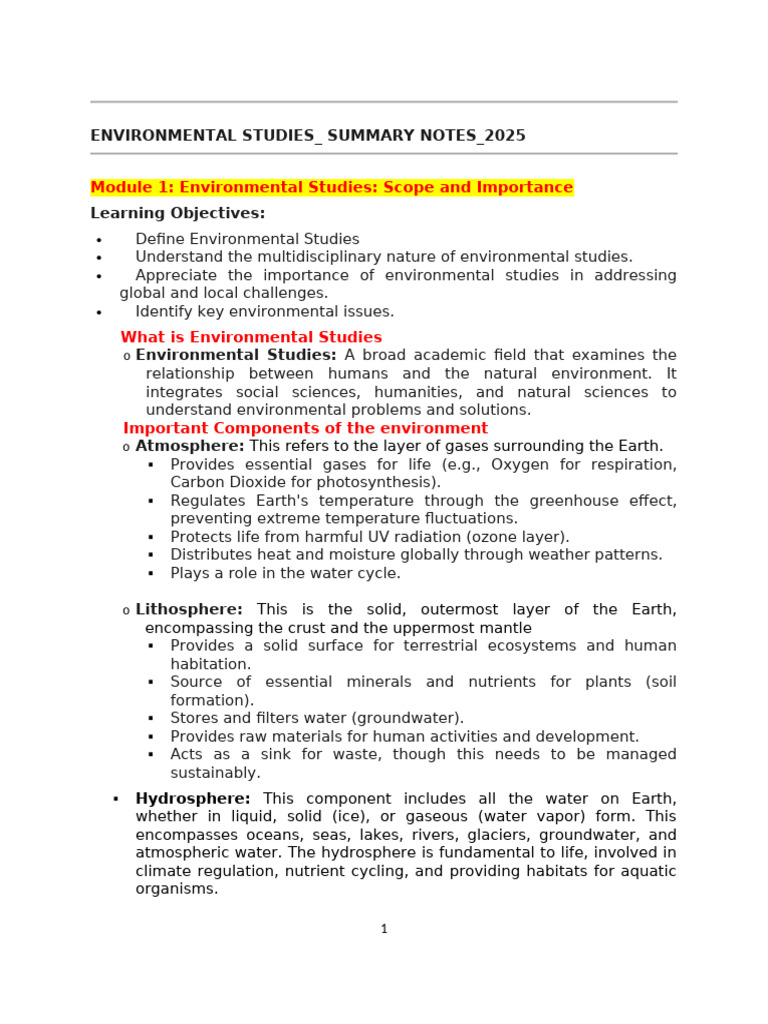 Environmental Studies Notes 2025 | PDF | Food Web | Waste