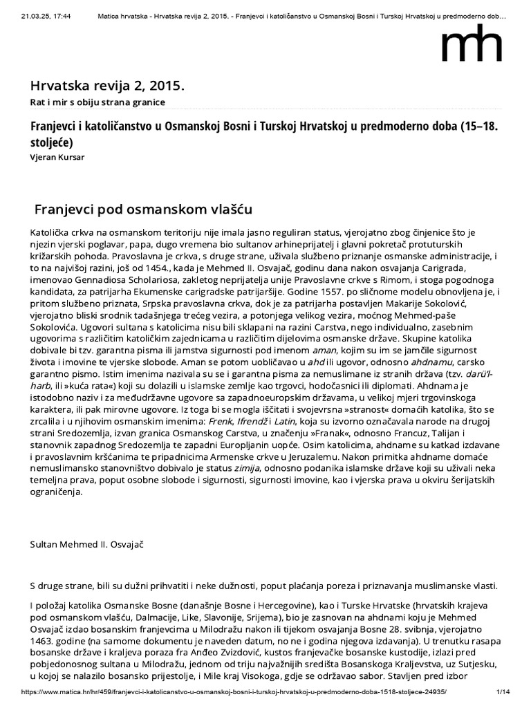 Vjeran Kursar - Franjevci I Katoličanstvo U Osmanskoj Bosni I Turskoj ...