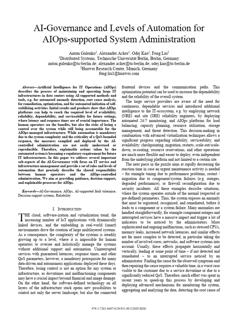 Gulenko Et Al., 2020, AI-Governance and Levels of Automation For AIOps ...