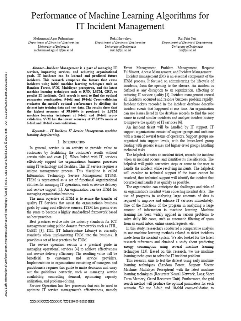 Prihandono Et Al., 2020, Performance of Machine Learning Algorithms For IT Incident Management ...